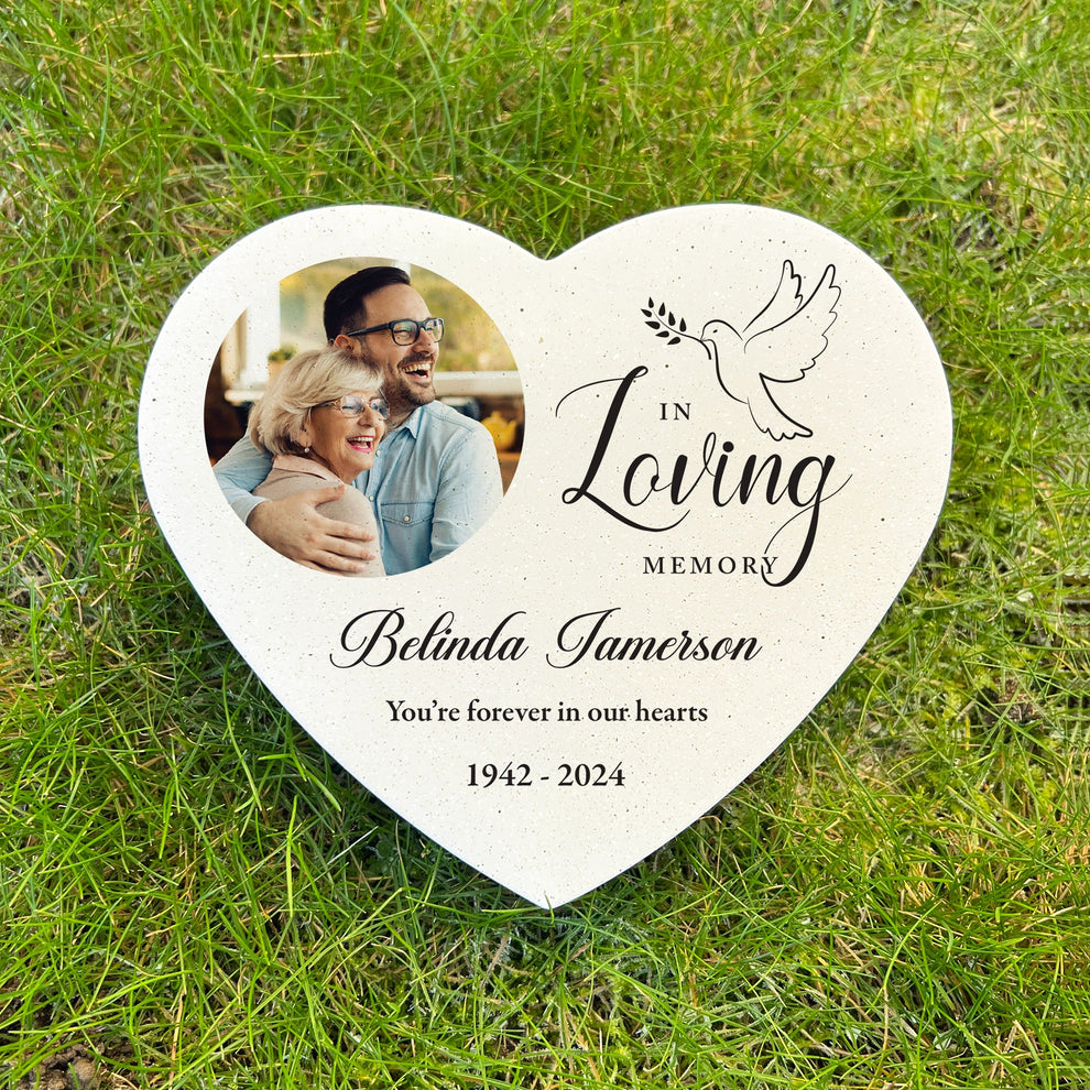Personalised In Loving Memory Dove Photo Resin Heart Grave Marker ...