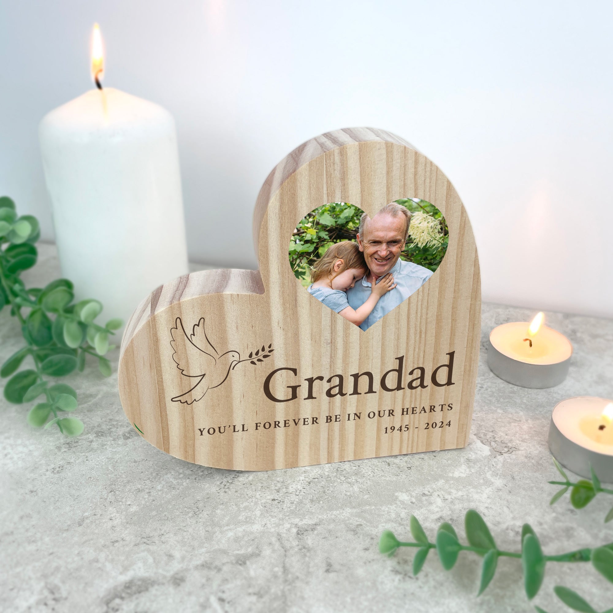 Personalised In Loving Memory Dove Photo Freestanding Wooden Heart ...