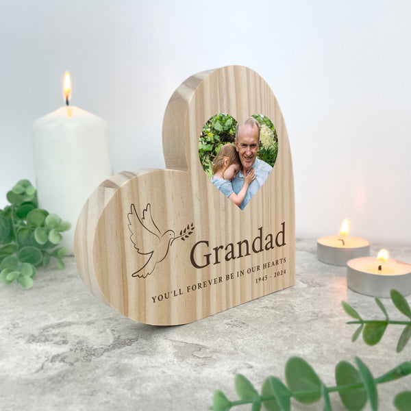 Personalised In Loving Memory Dove Photo Freestanding Wooden Heart ...
