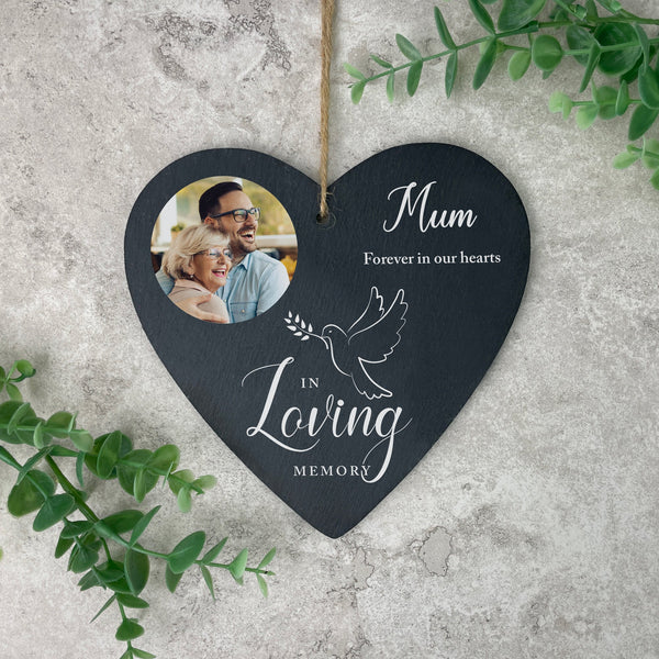 Personalised Photo In Loving Memory Dove Slate Heart Decoration 15 x 1 ...