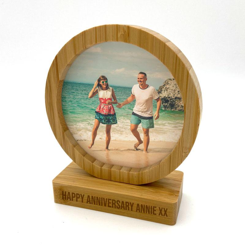 Personalised Bamboo Photo Frame Engraved Double Sided Round